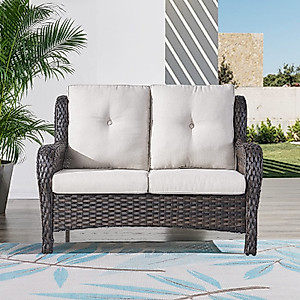 HUMMUH Outdoor Loveseat Sofa 2-Seat PE Rattan Patio Love Seat with Cushions,Deep Seat High Curved Back Armset Sectional Couch for Patio,Garden,Yard,Porch