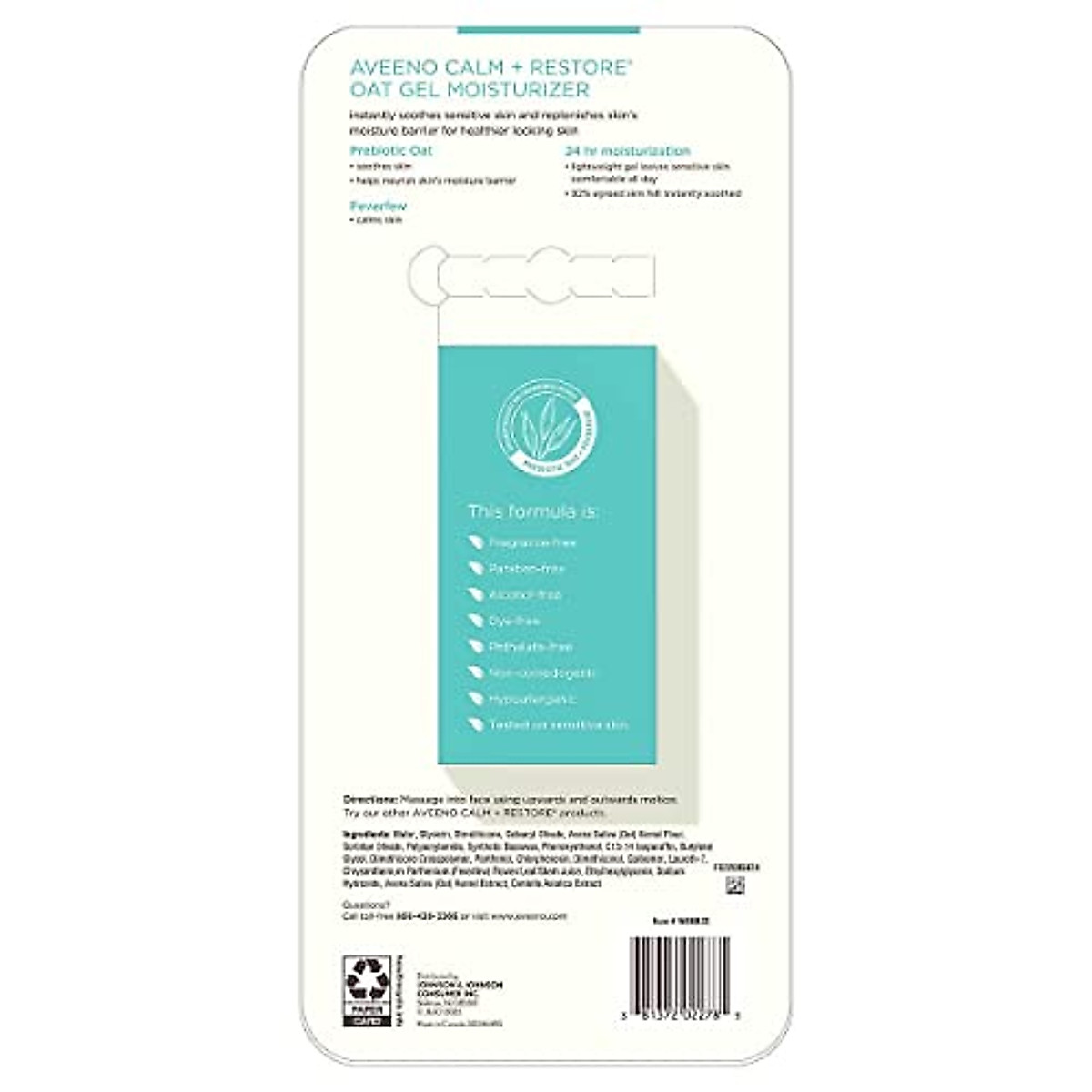 Aveeno Calm + Restore Oat Gel Facial Moisturizer for Sensitive Skin, Lightweight Gel Cream Face Moisturizer with Prebiotic Oat and Feverfew, Hypoallergenic, Fragrance- and Paraben-Free, 1.7 oz (Pack of 2)