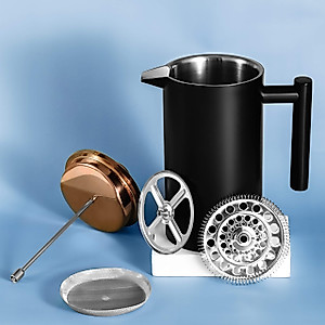 Meelio Black French Press Coffee Maker 12oz, Stainless Steel Double Wall Insulated Coffee Press with Rose Gold Metal Lid, Included 2 Extra Screens and 1 Coffee Spoon, 350ml