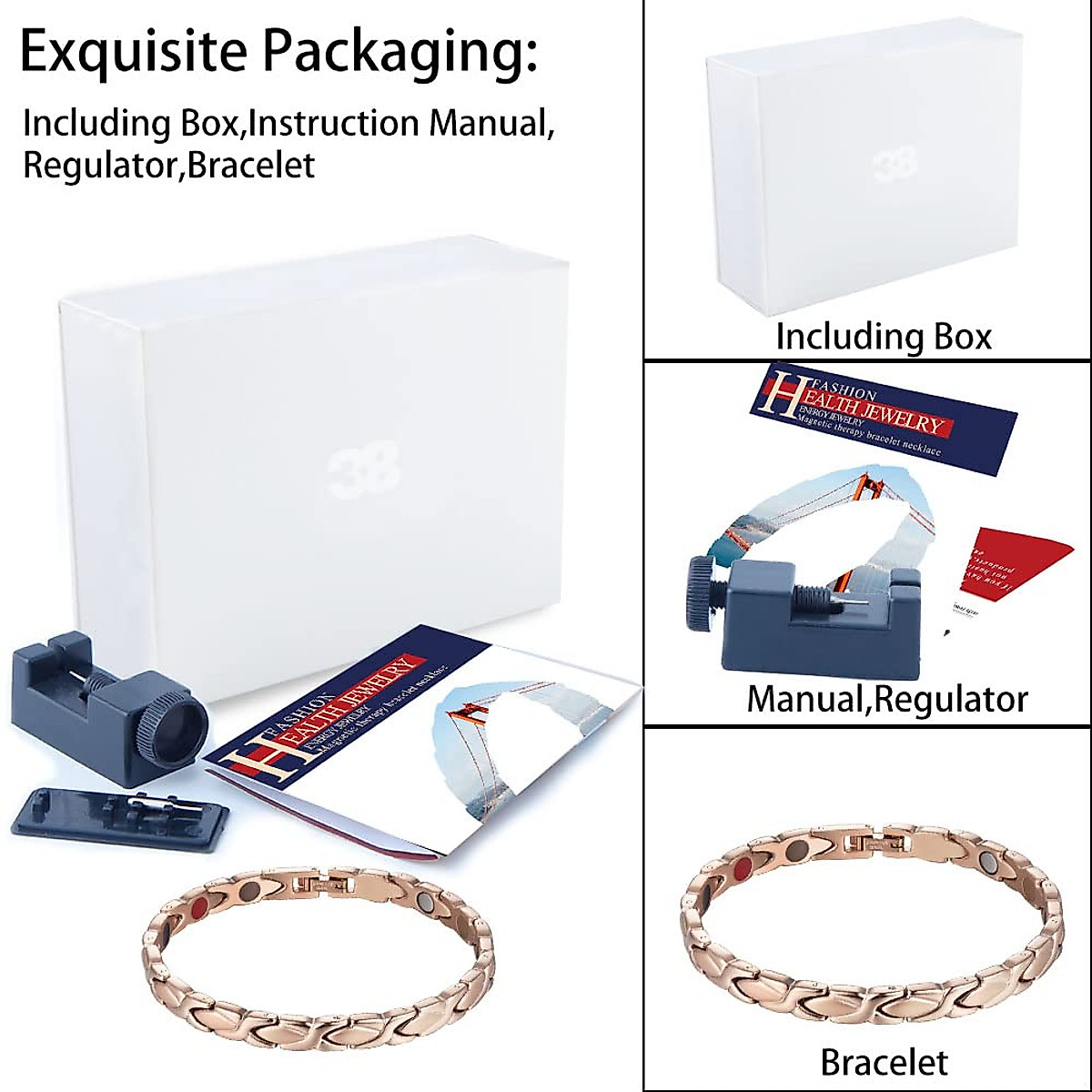 38 Elegant Titanium Magnetic Lymph Detox Bracelet for Women Germanium and Magnetic Functions with Free Link Removal Tool Christmas Gifts Mothers Day Gifts for Mon(Rose Gold)