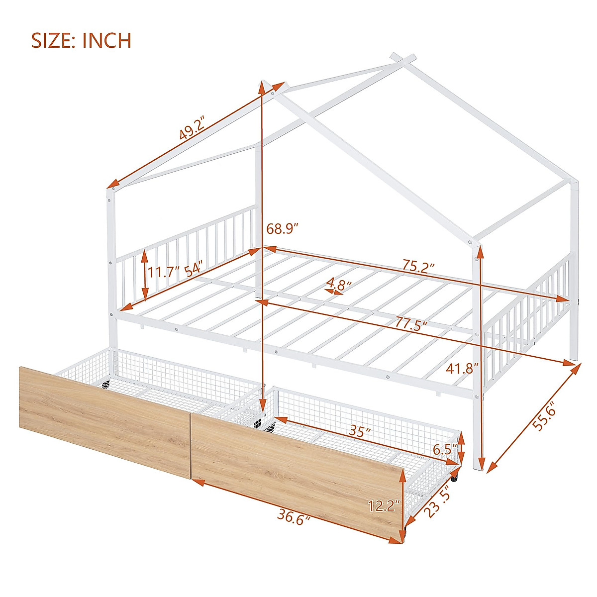 THINK 30 Metal House Bed, House Bed with Two Drawers, Full Size, White