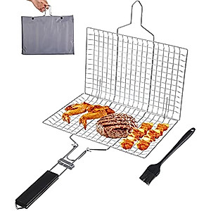 Grill Basket - Stainless Steel BBQ Grilling Basket, Foldable BBQ Basket with Detachable Handle, Portable Barbecue Grid for Fish Steak Vegetable Shrimp Including Basting Brush & Storage Bag (32x22cm)