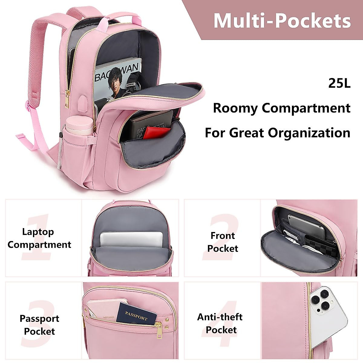 bagswan Pink Laptop Backpack Women Bookbag 15.6 inch School Teacher Bookbag Business Computer Backpacks Purse Travel Work girls College Bags with USB Charging Port Light Back Pack Student