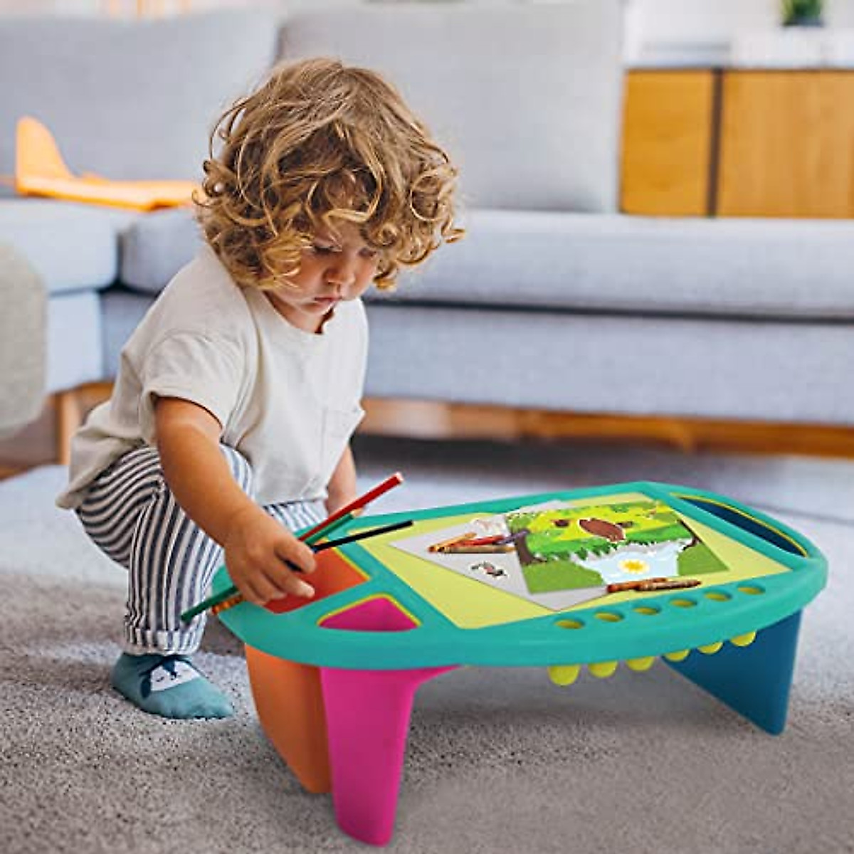 B. toys- Imagination Station- Creaitve Kids Lap Desk – Lap Desk for Art, Coloring, Writing – Portable Table with Storage Space – Reusable Sticker Set – 3 Years +