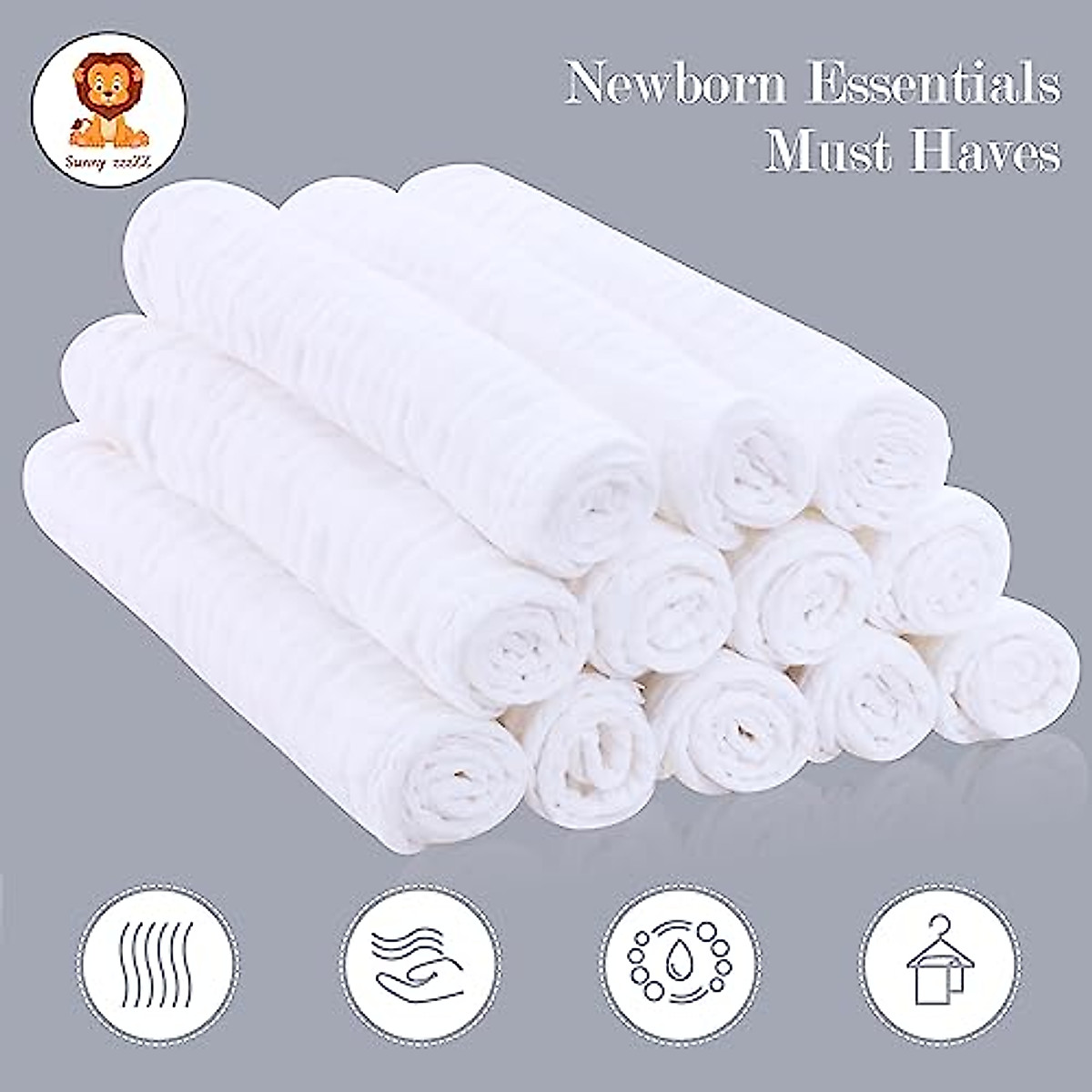 Sunny zzzZZ 6 Pack Muslin Burp Cloths - Ultra-Soft 100% Cotton Baby Boy & Girl Newborn Essentials - Large 20'' x 10'' Super Absorbent Milk Spit UP Washcloths - Unisex Burpy Cloths - White