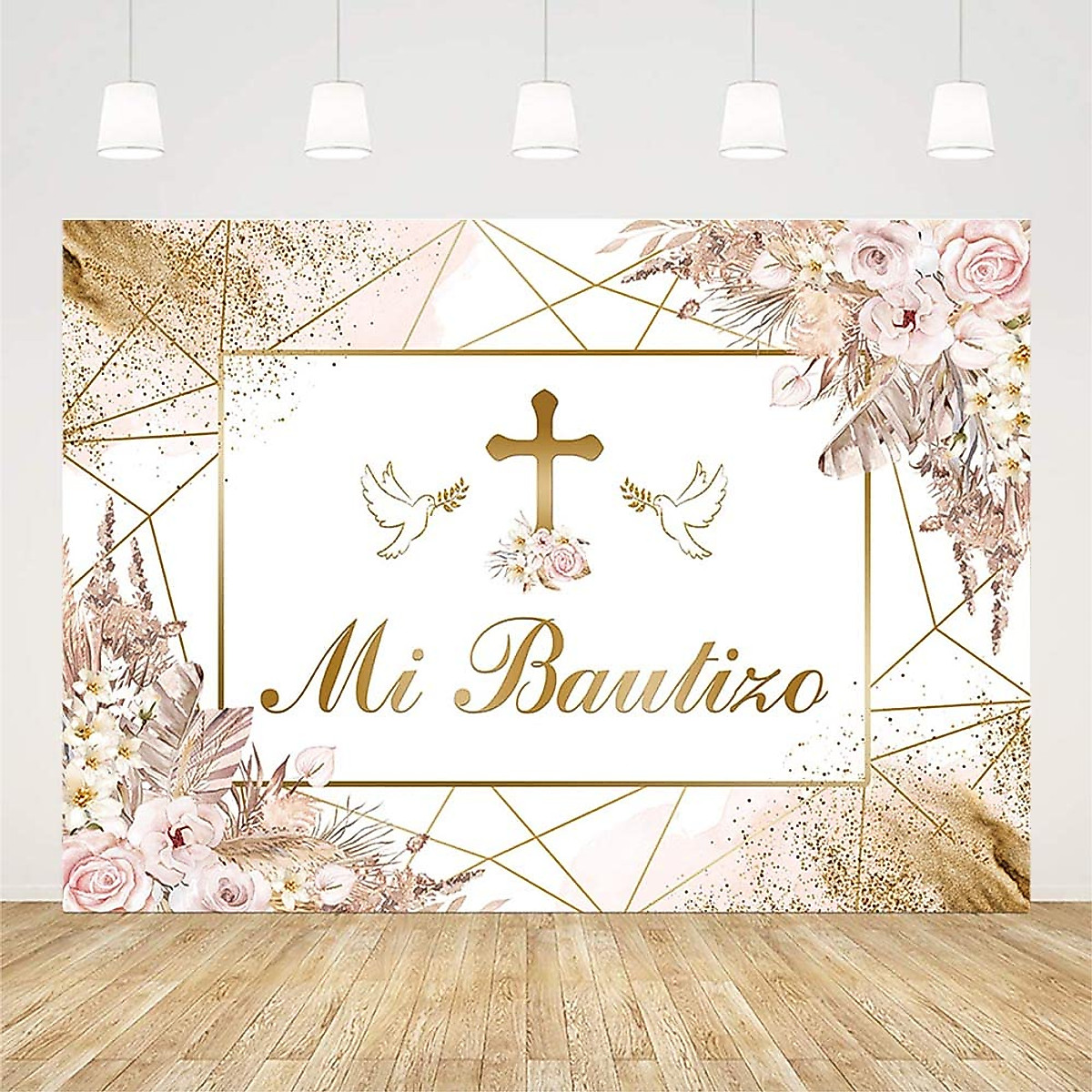 AIBIIN 7x5ft Boho Mi Bautizo Backdrop Mexican Baptism Christening Girl First Holy Communion Party Decorations Bohemian Pink Floral Pampas Photography Background Newborn Baby Shower Photo Booth Props