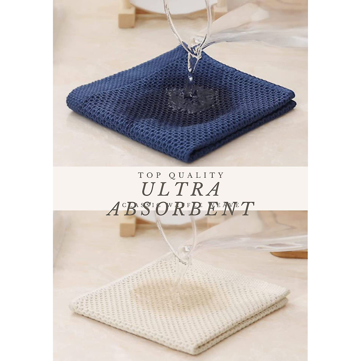 JuliaNa Home and Decor Waffle Weave Kitchen Towels, 100% Cotton, Set of 4 Cloths for Washing Dishes, Kitchen Dish Towels 12x12 Inches, Cream White and Blue