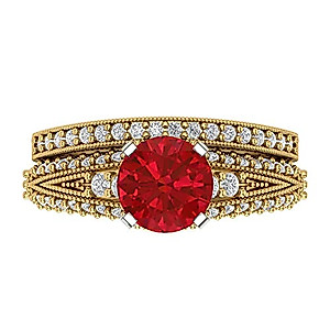Clara Pucci 2.04 carat Round Cut Solitaire accent Simulated Red Ruby Wedding Anniversary Bridal ring band set 14k 2 Tone Gold 11