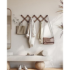 OROPY Wood Accordion Wall Hanger, Expandable Coat Rack Wall Mount with 14 Pegs, Expanding Hat Rack for Wall, X Shape, 27"×10", Walnut Color