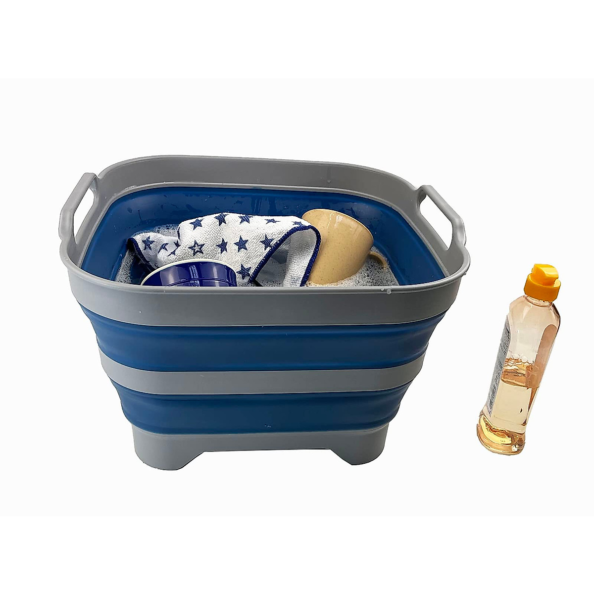 SAMMART 10L (2.6 gallons) Collapsible Plastic Dishpan with Draining Plug - Portable Washing Tub/Basin - Foldable Tub - Space Saving Kitchen Storage (Grey/Mist Blue)