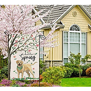 Hello Spring Dog Garden Flag 12x18 Inch Double Sided,Golden Retriever Under The Tree Small Yard Flag for Outdoor,Summer Seasonal Decors for Farmhouse Holiday Outside