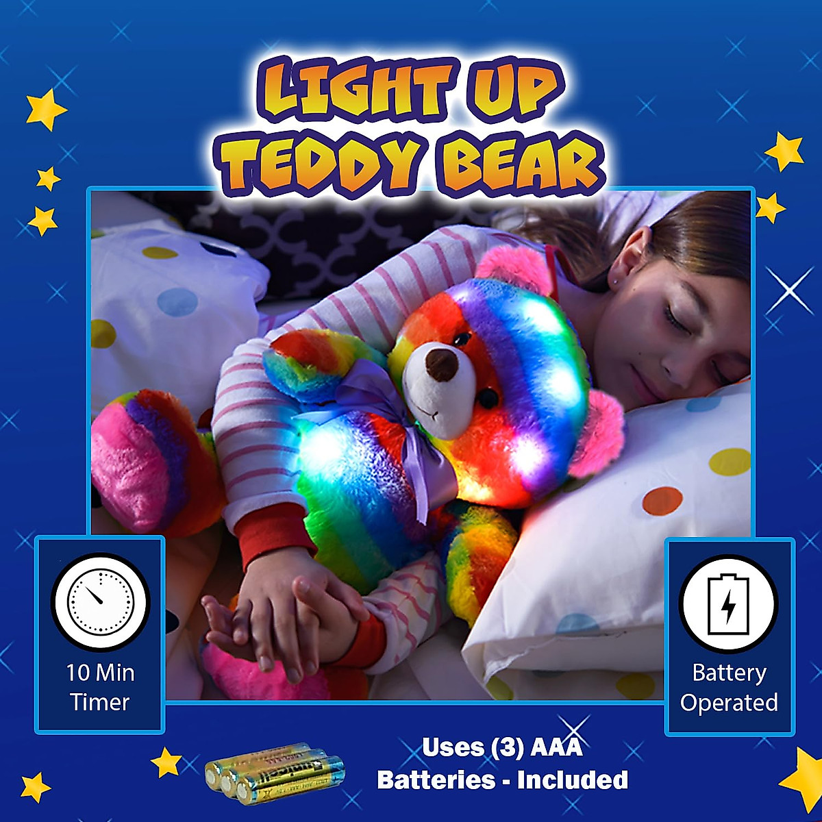 The Noodley Rainbow Lites Light Up Teddy Bear Stuffed Animal Plush LED Night Light Sleep Toy for Girls (16 inch, Batteries Included)
