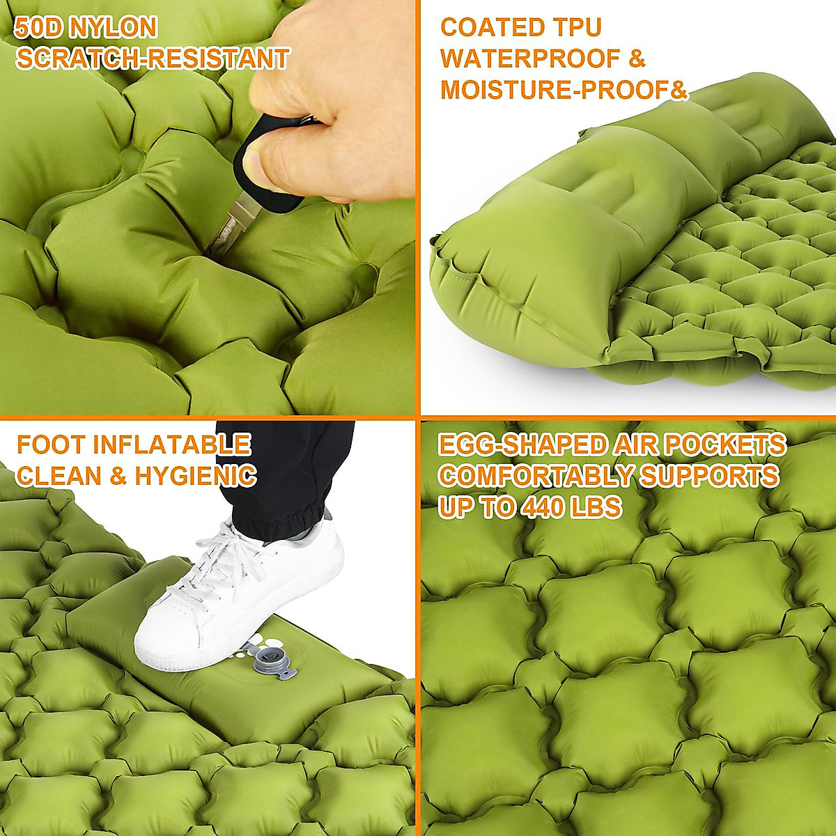 Double Sleeping Pad, Ultralight 4" Extra-Thick Self Inflating Sleeping Mat for 2 Person with Pillow Built-in Foot Pump Portable Camping Mat for Backpacking, Hiking, Traveling, Tent (Army yellow)