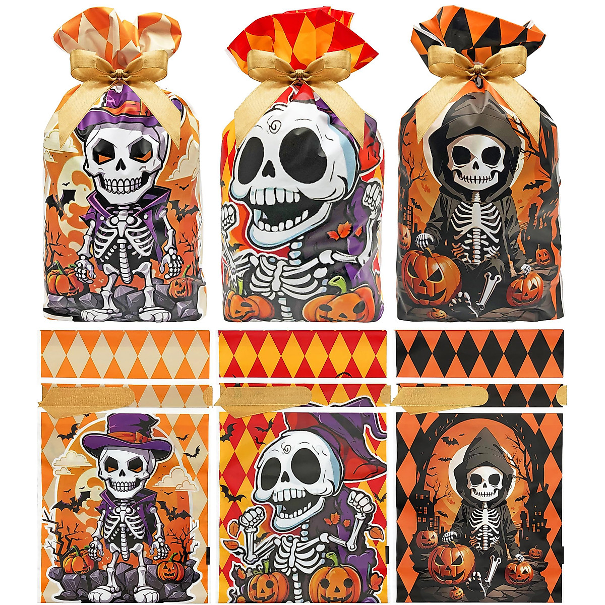 Jexila 50PCS Halloween Candy Bags Halloween Goodie Treat Bags with Drawstring Halloween Party Favor Bags for Kids Trick or Treat 5.9''X9'' (Skull)