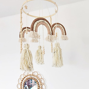 Baby Crib Nursery Mobiles DIY Wooden Beads Dream Catcher Wind Chime Bed Bell for Children Boys Girls Wooden Mobile Babies Bed Room Decoration (Round)