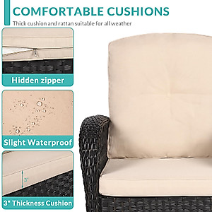 MEETWARM 3 Pieces Outdoor Wicker Swivel Rocker Patio Set, Rocking Chairs Rattan Patio Furniture Sets with Thickened Cushion and Glass-Top Coffee Table, Conversation Bistro Set for Porch (Dark Brown)