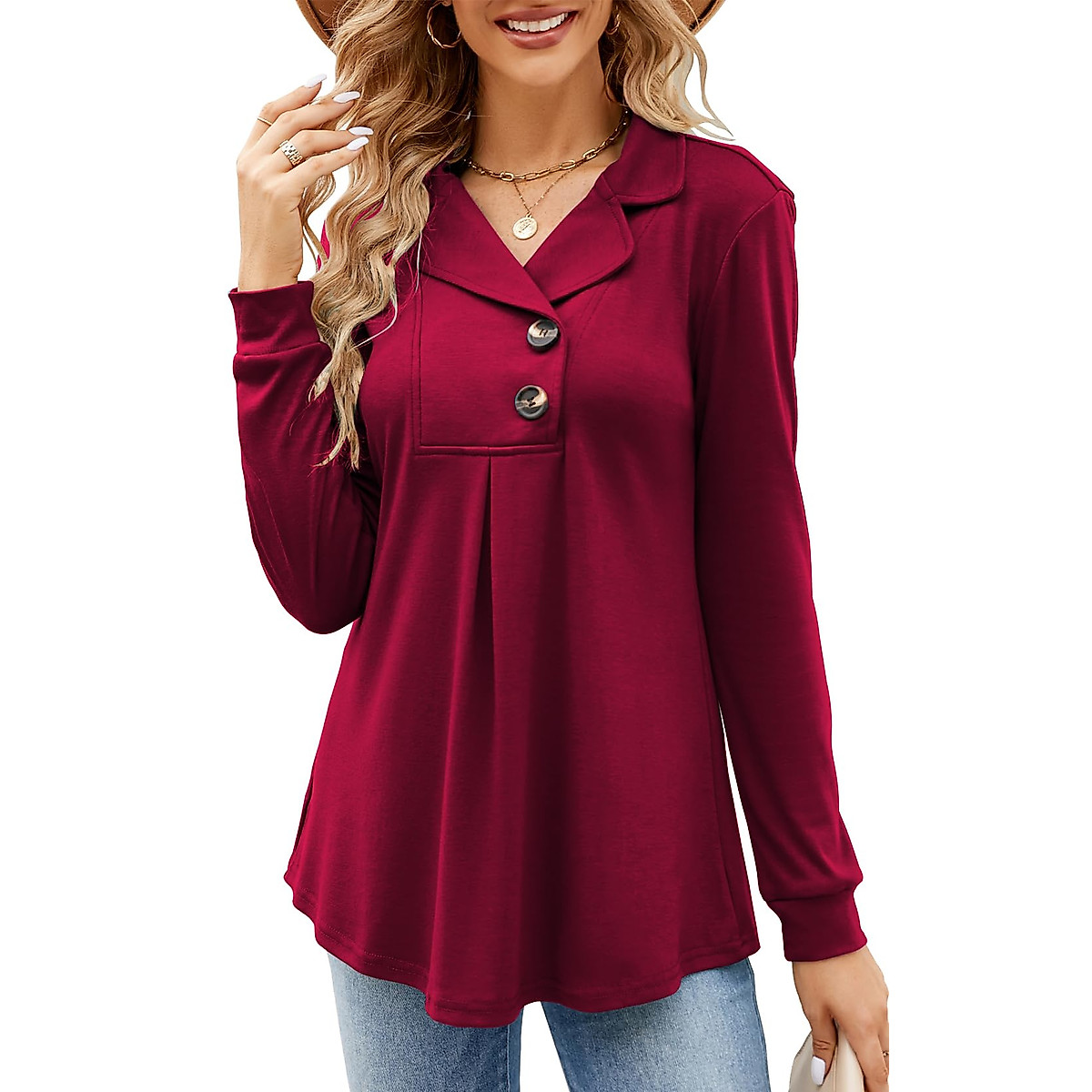 Newchoice Women Fall Long Sleeve Shirts Tops，Casual Winter Clothing Collar V Neck Tunics Or Tops To Wear With Leggings(Berry Red.M)