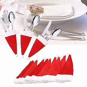 10pcs Mini Christmas Santa Hats Cutlery Suit Decor Table Dinner Silverware Holders Pockets Knifes Forks Tableware Bags Christmas Party Decoration for Home Restaurant Dining Room Red