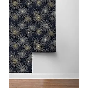 NextWall Starburst Geo Mid Century Peel and Stick Wallpaper (Midnight Blue & Metallic Gold)