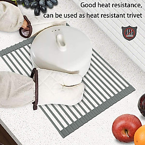 Hhyn Over The Sink Roll-Up Dish Drying Rack 17"(L) x 13"(W), Silicone Coated Stainless Steel Multipurpose Dish Drainer Mat for Kitchen, Gray - Small
