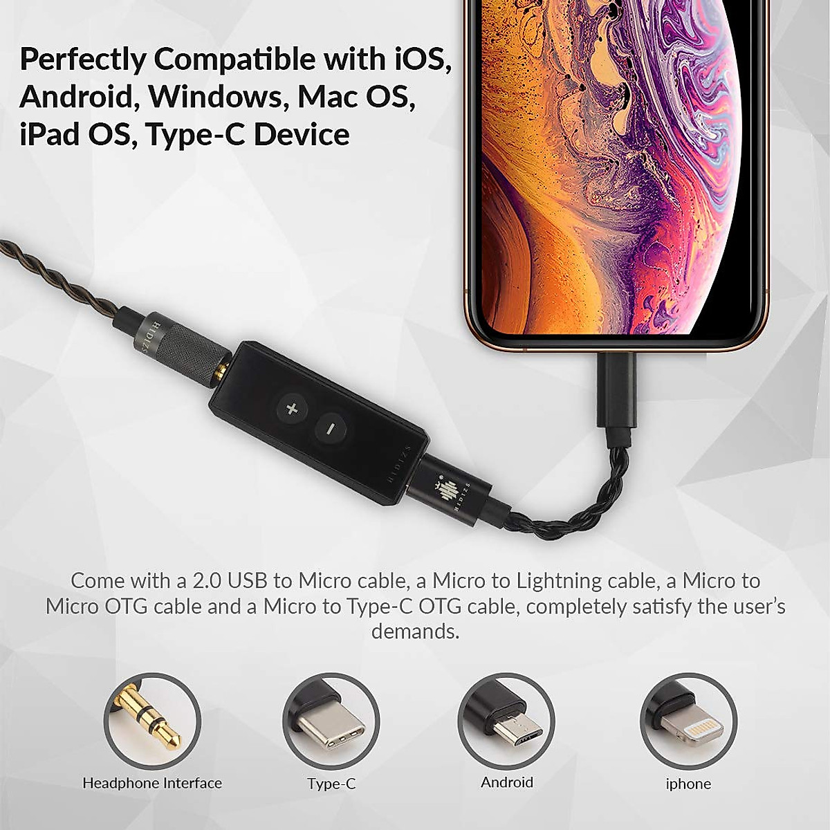 HIDIZS S8 USB DAC Amp, 384kHz / 32Bit USB C Portable HiFi Audio Decoding Amplifier for iPhone iPod Android Computer with Windows/Mac OS/iOS/iPad OS System (4 Interface Cable Included, Silver)