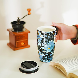Topadorn Coffee Ceramic Mug Porcelain Latte Tea Cup With Lid 17oz., Blue Flower