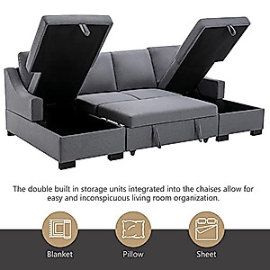 HABITRIO Sectional Sofa Bed, U Shape Sofa Bed, Pull Out Sleeper Sofa Bed with Pulley, Sofa with Two Storage Chaise, for Living Room Furniture Sofa, 2 Tossing Cushions, Gray