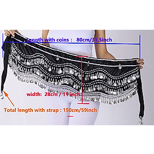 ZLTdream Women's Belly Dance Wave Shape Hip Scarf With Silver Coins Belly dancing Skirt For Zumba Black