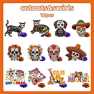 Day of the Dead Decorations for Altar NO-DIY Dia De Los Muertos Party Supplies Include 2pcs Dia De Los Muertos Banner and 12pcs Double Sided Day of the Dead Hanging Swirl for Mexican Halloween Party