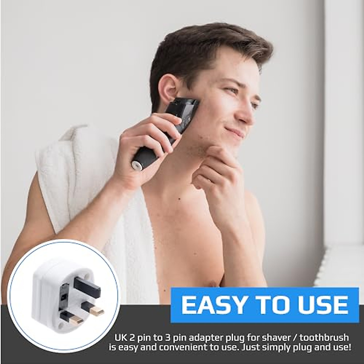 Toothbrush Adaptor Plug UK Charger Adapter Shaver Socket 2 Pin to 3 Pin Electric Converter for Razor Plugs Bathroom Two to Three Prong Charging Tooth Brush Plugs Adapters Electrical Shaving (White)