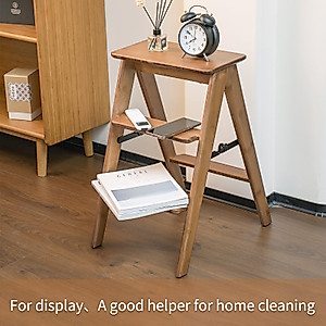 HYNAWIN 3 Tier Bamboo Ladder, Multi-Functional Foldable Ladder, Portable Bamboo Step Ladder with Wide Anti-Slip Pedals for Home, Kitchen, Office, Space-Saving