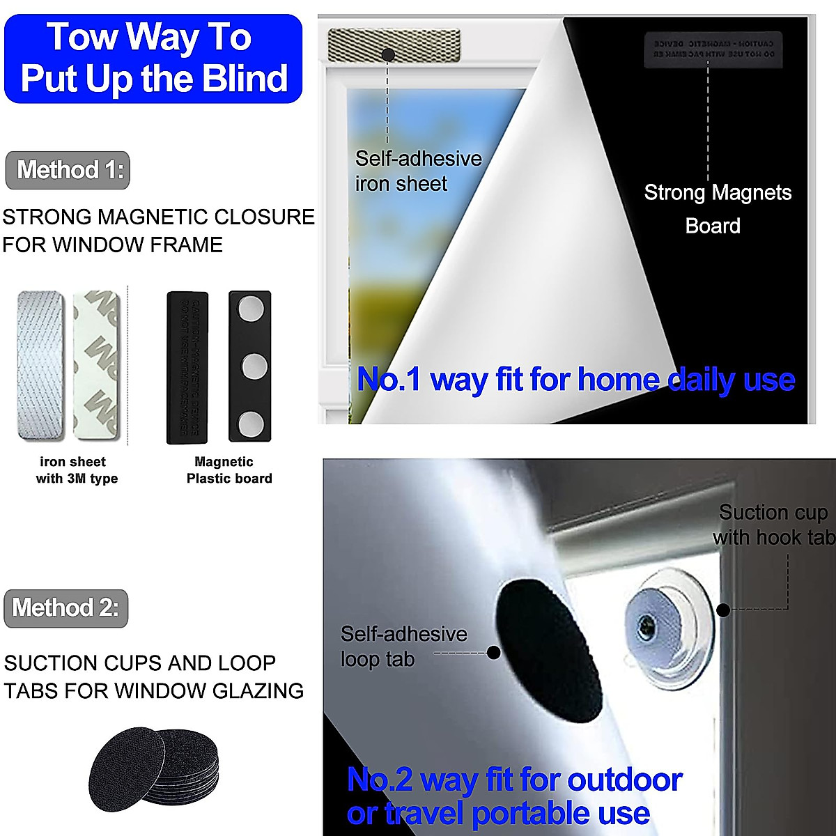 Magnetic Blackout Blind Curtains 100% Blackout Shades, Travel Blackout Window Covers with Suction Cups and Magnetic Closure, Temporary Window Shades for Baby Nursery, Bedroom, Travel (157"x57")