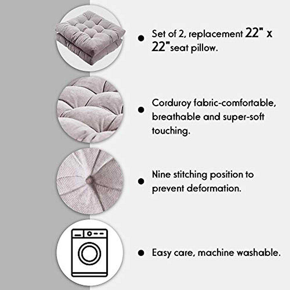 Tiita Outdoor Cushions Square Floor Pillow Thicken Tufted Seat Pad Large Floor Cushion for Yoga Meditation Living Room Balcony Office Patio, Set of 2, 22x22 Inch, Grey