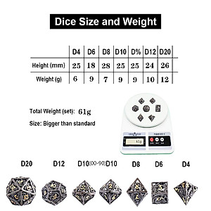 hong hui Pure Copper Hollow Metal Dice Set DND Polyhedral D&D Dragon Dice for Dungeons and Dragons Pathfinder Shadowrun Role Playing Games dice RPG Black Gold
