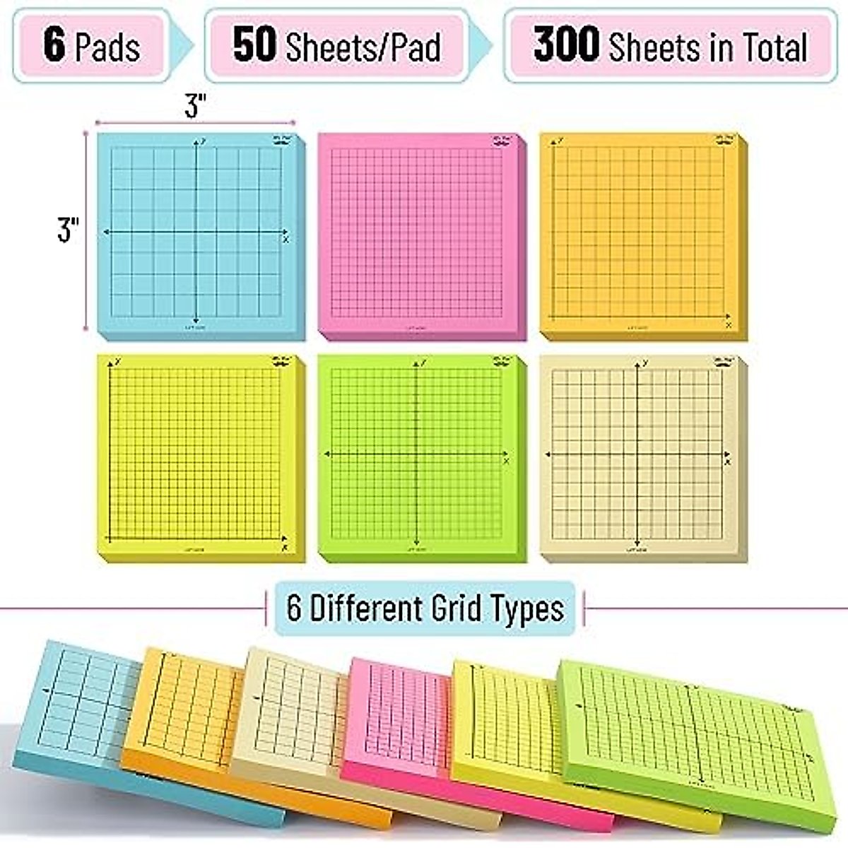 Mr. Pen- Graph Paper Sticky Notes, 6 Pads, 3x3 Inch, Bright Colors, Graph Sticky Notes, Math Graph Paper, Graphing Sticky Notes, Grid Sticky Notes, Grid Notepad, Mini Graph Paper