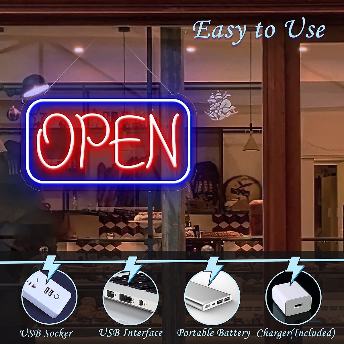 Neon Open Sign, Open Signs for Business, 16.5"x 8.4" Open Sign Led, Open Signs for Business Window With Adjustable Brightness, Open Neon Sign, Powered by USB with ON/OFF Switch