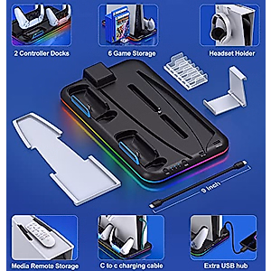 DINOSTRIKE PS5 Cooling Station with RGB Light, PS5 Stand with Cooling Fan for PS5 Disc&Digital Editions Dual Controllers Charger Station, PS5 Accessories for PS5 Console Headset Holder, 6 Game Slots