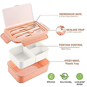 Landmore Bento Box Lunch Box for Kids Adults, 1100 ML Bento Lunch Box for Kids 3 Compartments with Utensils and Lunch Bag, Leakproof BPA Free(Pink)