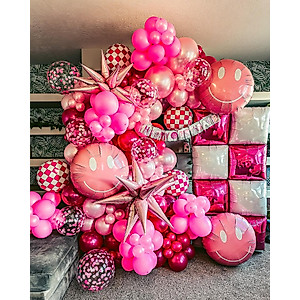 24Inch pink smile balloons,pink smiley face foil balloons for girl birthday party decoration/groovy party supplies(5pieces)