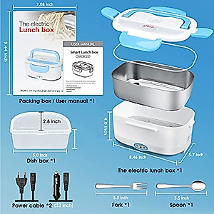 HYAUGX Electric Lunch Box Food Warmer 80W Quick Heater for Adult 1.5L Portable Lunchbox 3-in-1 for Truck/Car/Home, Self Heating Box with Removable SS Container/Spoon/Fork/Insulation Bag/Seal Ring