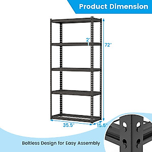 Tangkula 5-Tier Garage Storage Shelves, Heavy Duty Metal Storage Shelving Unit, Adjustable Utility Storage Rack Organizer for Warehouse Kitchen Pantry Basement, 35.5" L x 15.5" W x 72" H (3, Black)