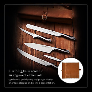 Hammer Stahl BBQ Knife Set | 5 Piece Knife Set with Engraved Leather Roll | Premium Quality Barbecue Knife Set for Meat Cutting | The Essential BBQ Stainless Steel Knife Set | Cutting Knife Set