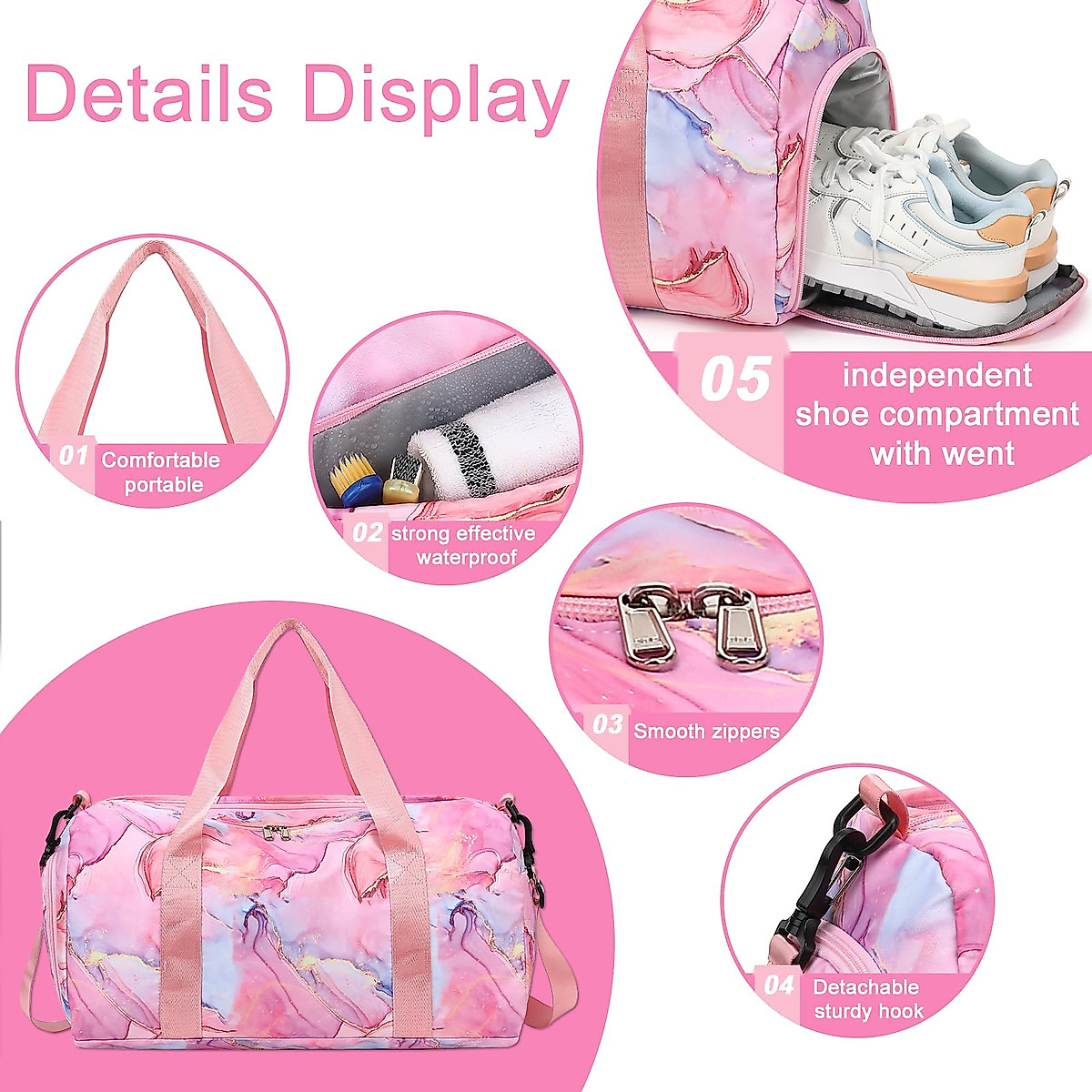 Weekender Duffel Sport Gym Bag Women Girls Travel duffle Bags with Shoe Compartment Wet Pocket (Marble Pink)