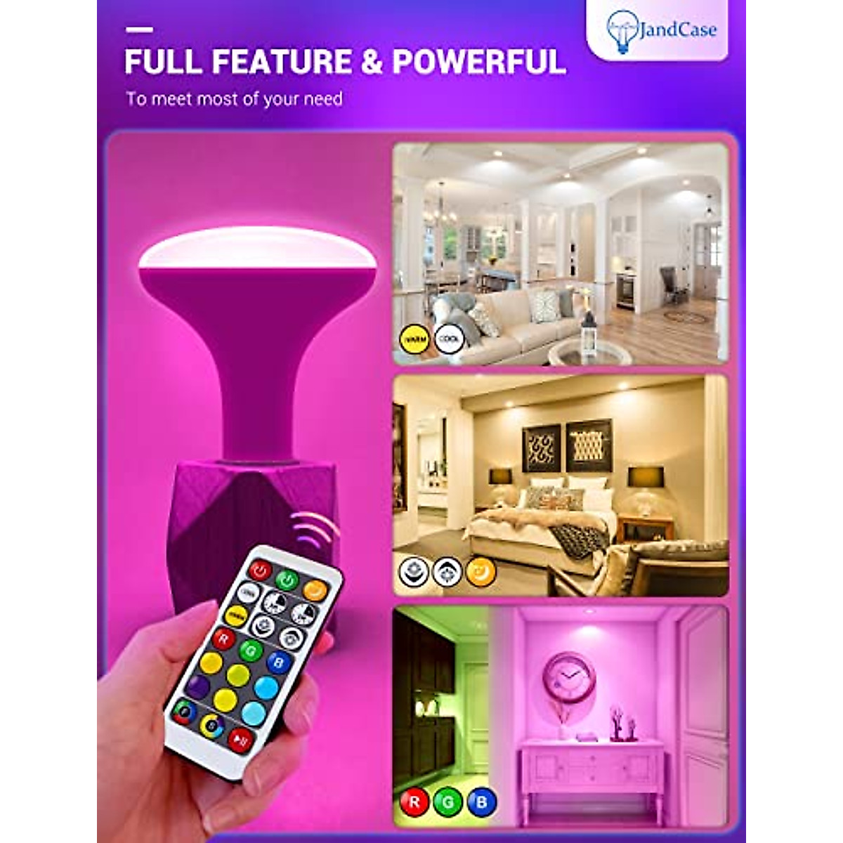 JandCase Color Changing Flood Light Bulbs[4 Pack], BR30 Colored Light Bulbs with Remote Control,10W Equivalent 100W,E26 Multi-Color LED Recessed Light Bulb for Christmas,Party,Ceiling