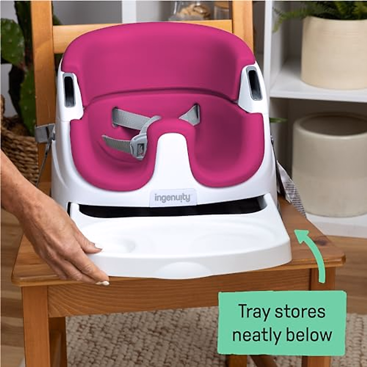 Ingenuity Baby Base 2-in-1 Booster Feeding and Floor Seat with Self-Storing Tray - Pink Flambe