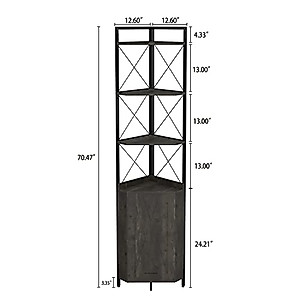 MIERES 5-Tier Standing Corner Shelf with Storage, Tall Ladder Corner Cabinet Bookshelf Bookcase with Door and Shelves, Rustic Display Plant Stand for Living Room, Bedroom, Home Office, Kitchen, Grey