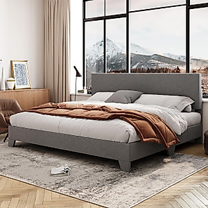 Allewie King Size Platform Bed Frame with Adjustable Upholstered Headboard, Strong Wood Slats, Heavy Duty Mattress Foundation, No Box Spring Needed, Noise-Free, Easy Assembly, Light Grey