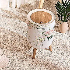 Small Trash Can with Lid Seamless Watercolor Floral Pink Flowers Green Leaves Branches on White Round Recycle Bin Press Top Dog Proof Wastebasket for Kitchen Bathroom Bedroom Office 7L/1.8 Gallon