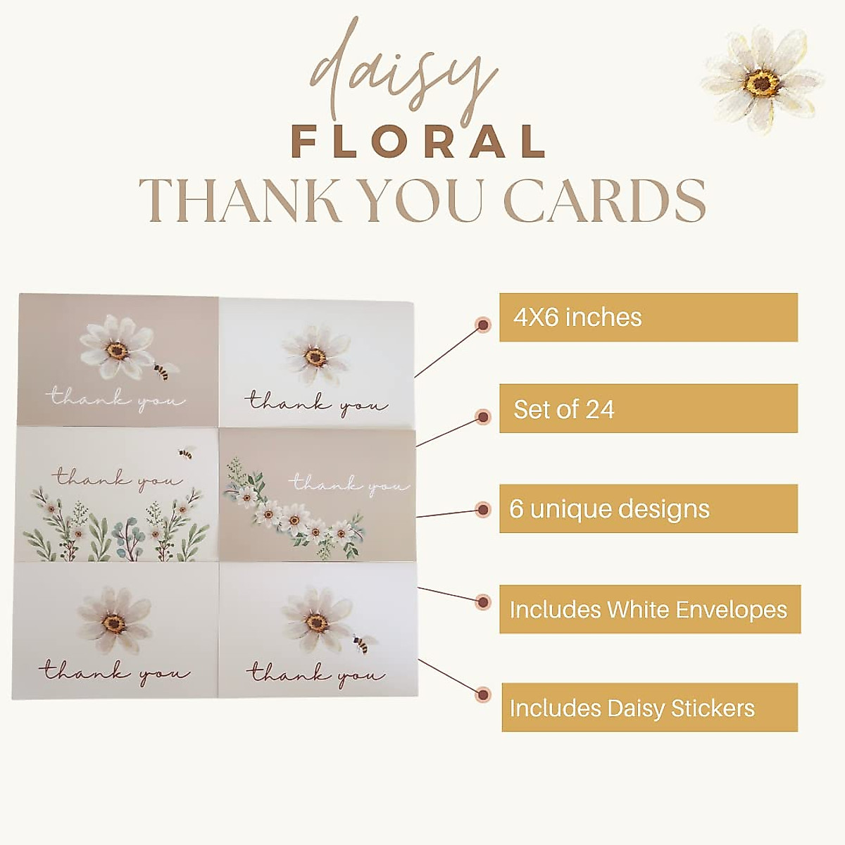 Floral Thank You Cards w/ Envelopes & Stickers (Set of 24) - Cardstock, 4 x 6” Boho Thank You Cards - Thank You Cards with Envelopes for Wedding, Birthday, & Bridal Shower - Blank Thank You Cards