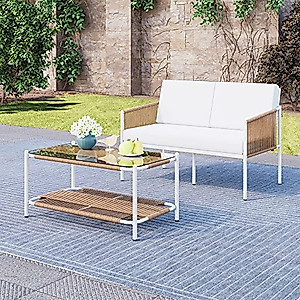 JAMFLY Patio Furniture 2 Piece Wicker Set, Outdoor Patio Furniture Rattan Conversation Set, All Weather Patio Set Loveseat Sofa for Backyard, Balcony, Porch with Soft Cushions and Glass Table